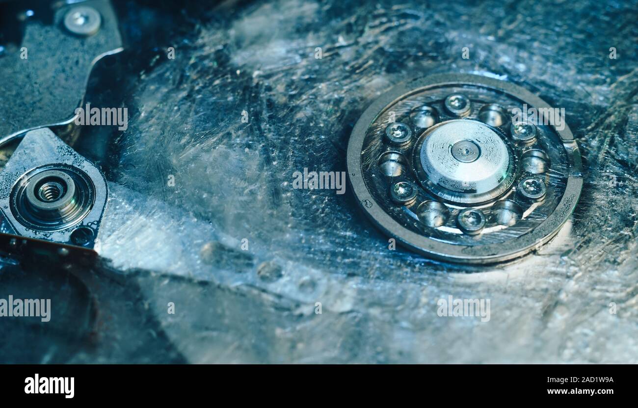 Close up open detail frozen hard disk background. Concept protection ...
