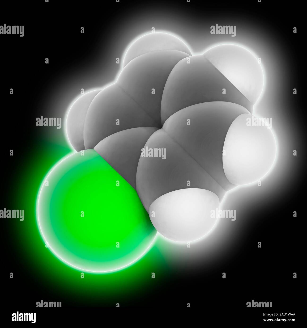 Chlorobenzene. Molecular model of the organochlorine aromatic compound ...