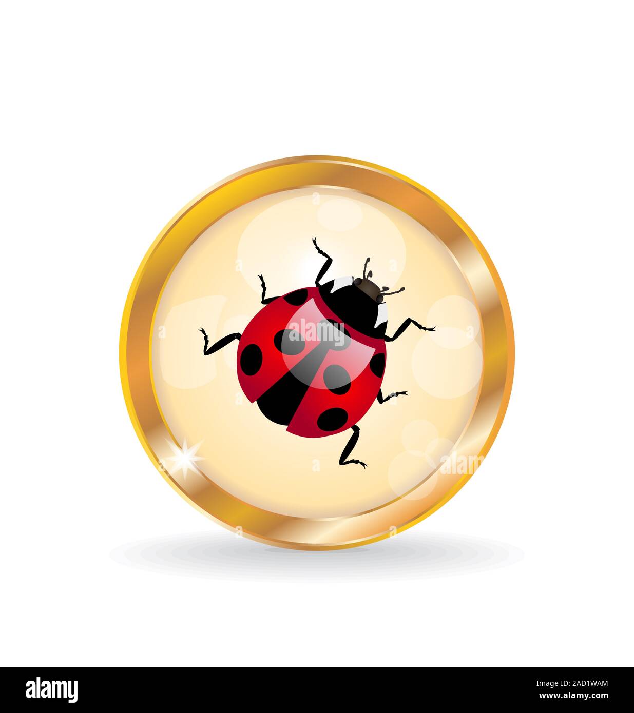 Golden circle label (button) with ladybug Stock Photo - Alamy