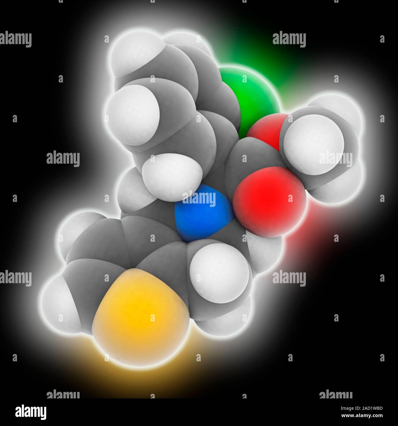 Clopidogrel. Molecular model of the drug clopidogrel (C16.H16.Cl.N.O2.S ...