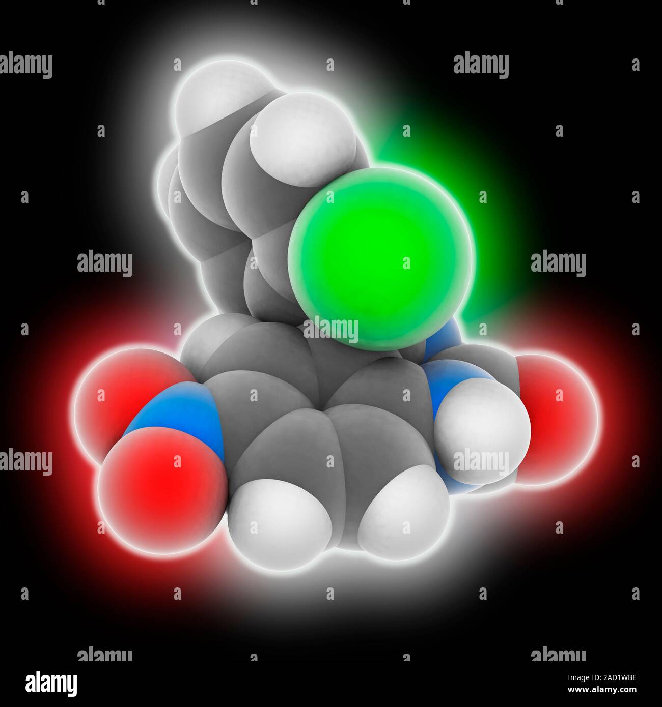 Clonazepam. Molecular model of the benzodiazepine drug clonazepam (C15 ...