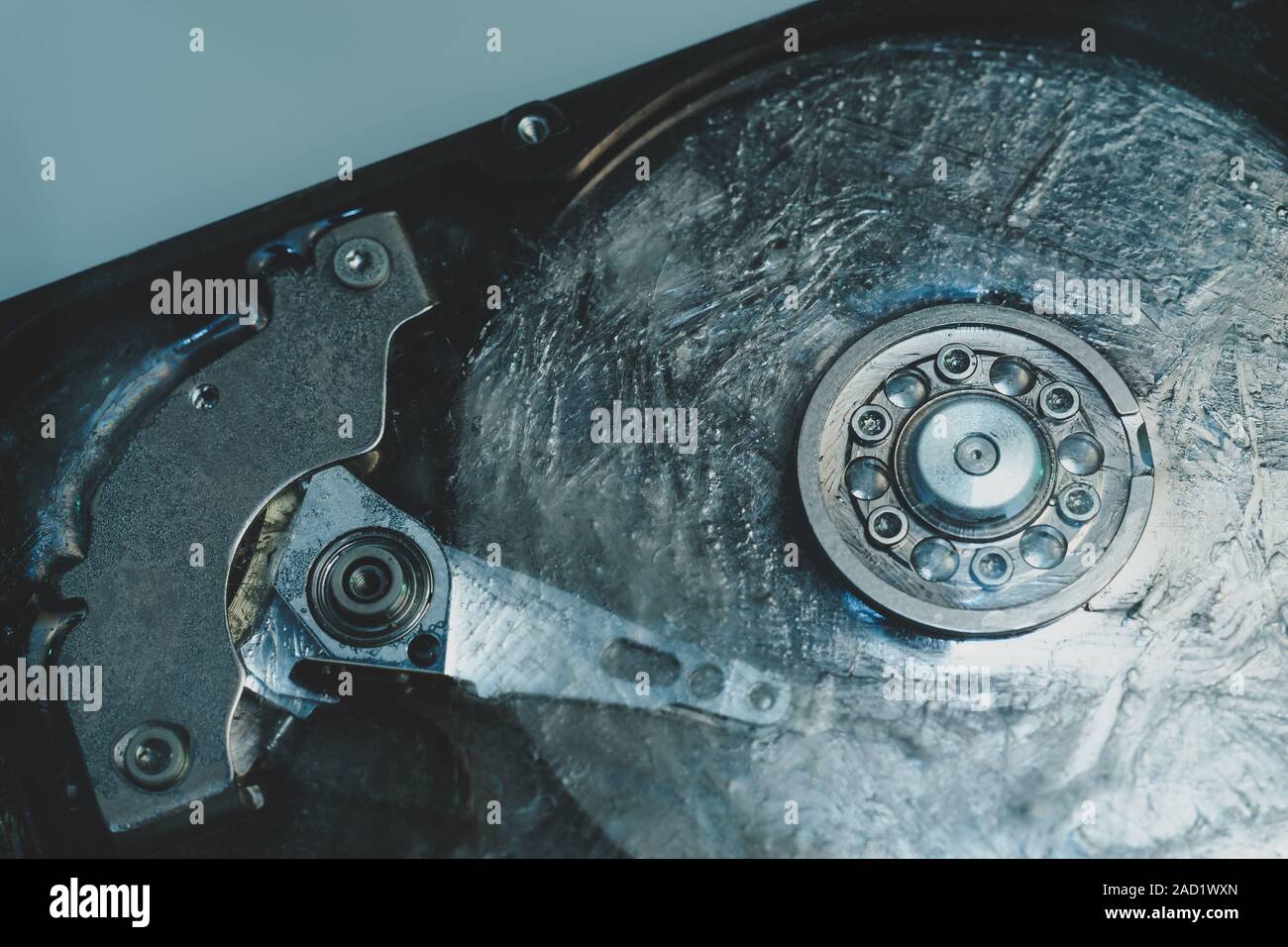 Close up beautiful open detail frozen hard disk. Concept protection ...