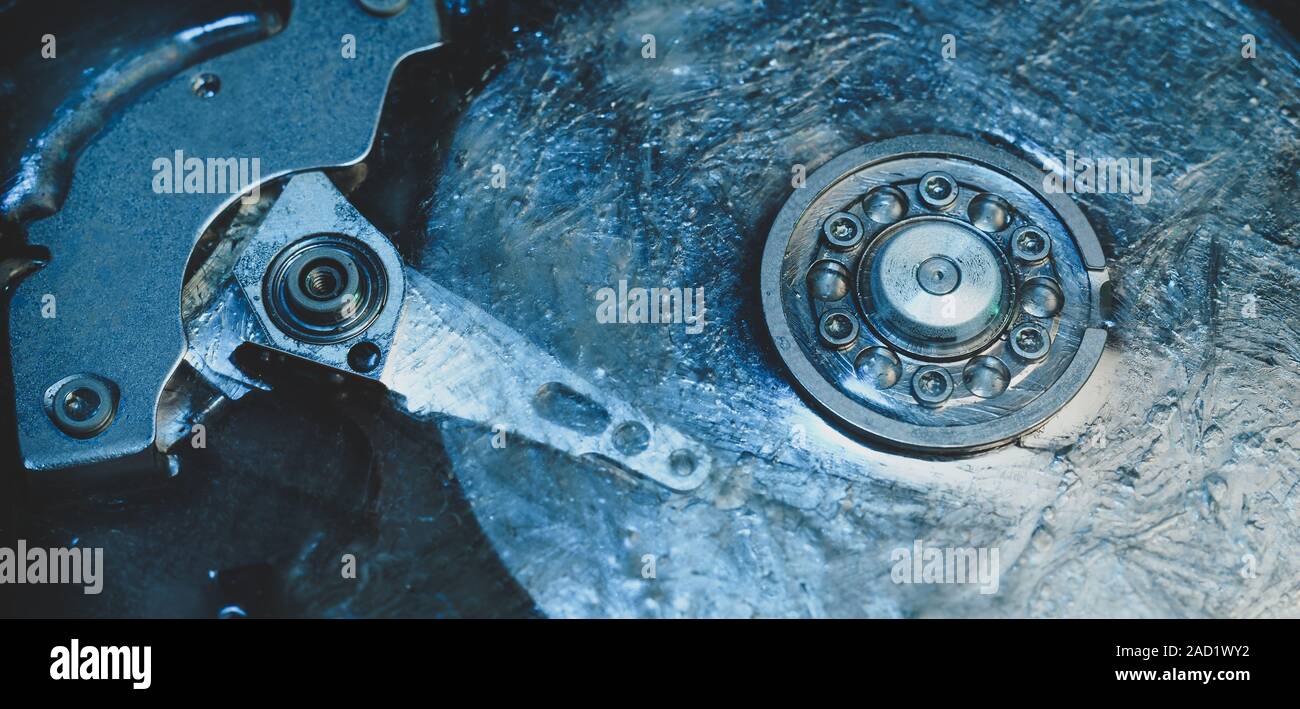 Close up open detail frozen hard disk background. Concept protection ...