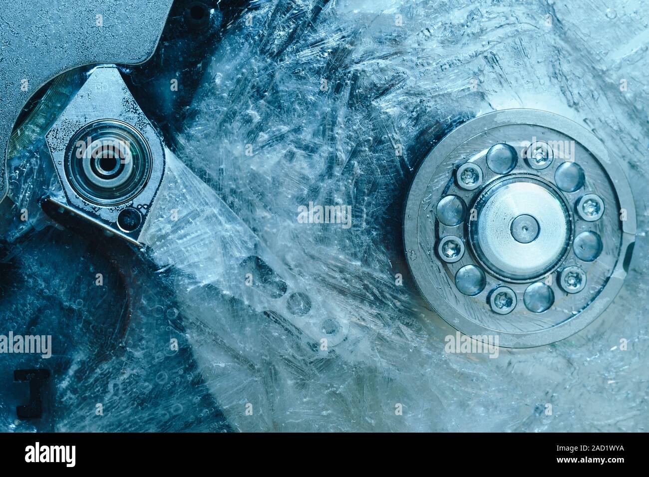 Close up open detail frozen hard disk background. Concept protection ...
