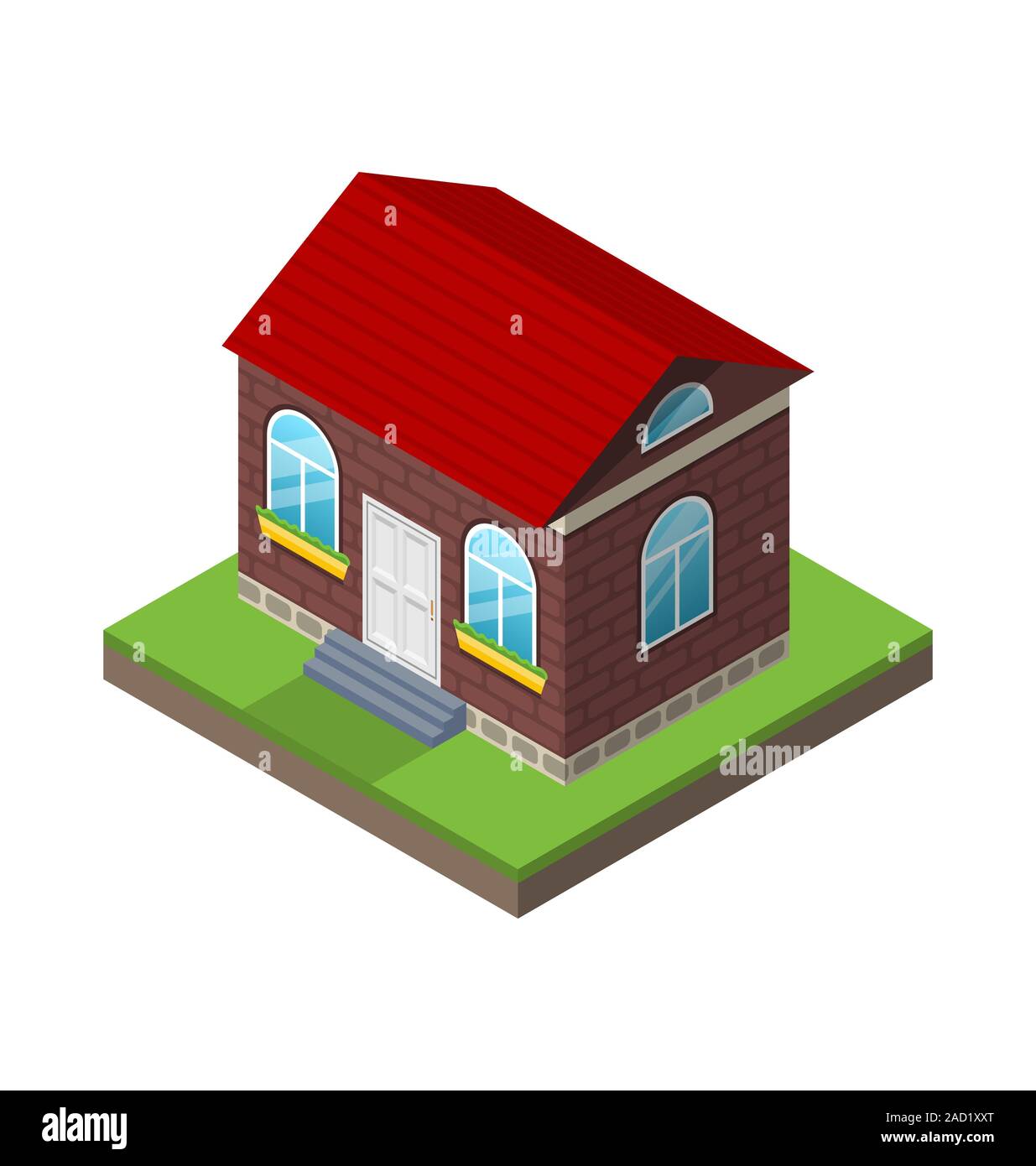 Residential isometric house with grass and ground, isolated on w Stock ...
