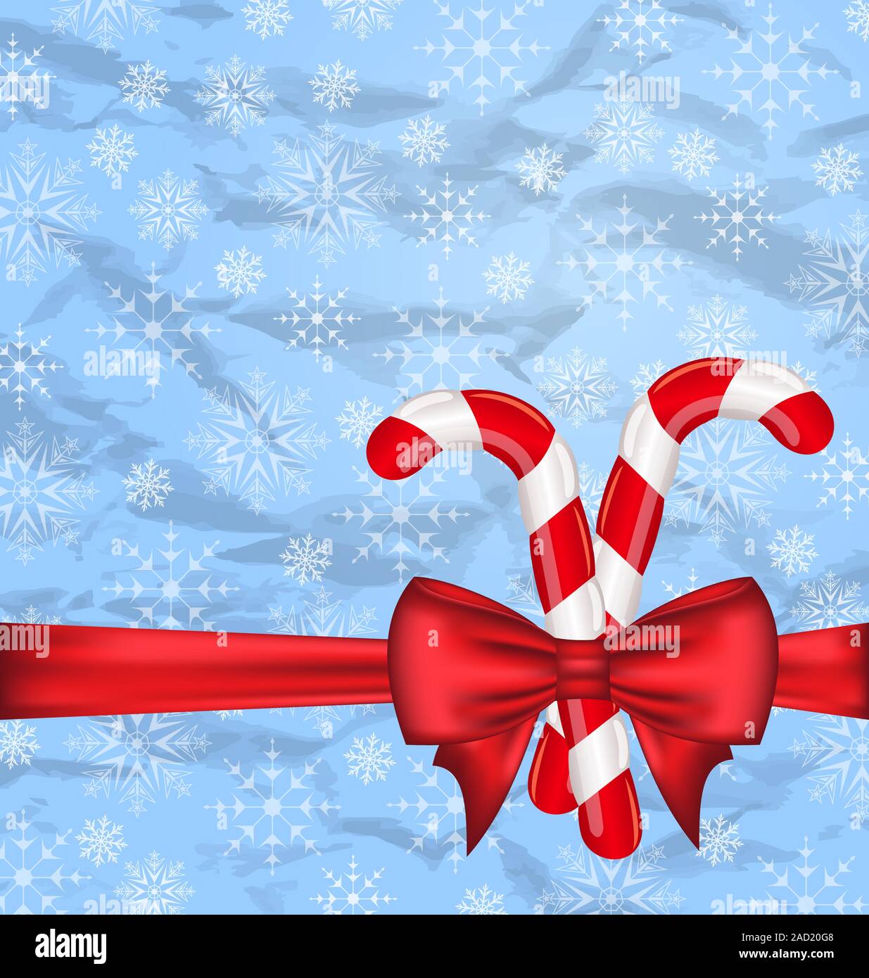 Christmas background with gift bow and sweet canes, snowflakes texture ...
