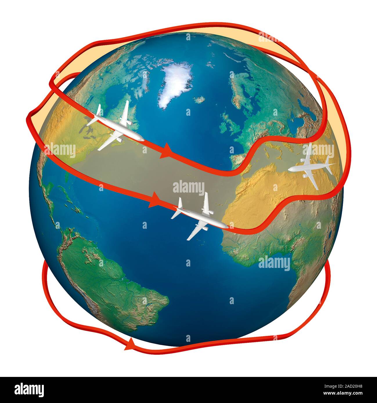 Airliners following jet streams. Computer illustration showing ...