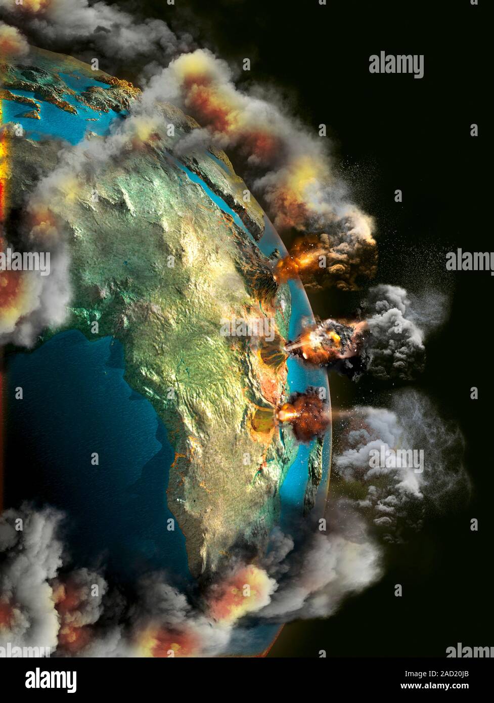 Doomsday volcanoes. Computer illustration showing the simultaneous ...