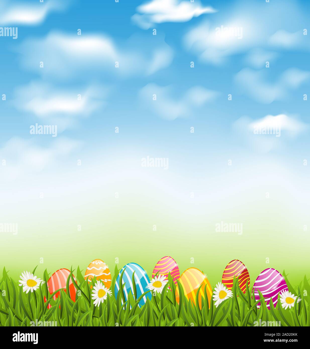 Easter natural landscape with traditional painted eggs in grass meadow ...