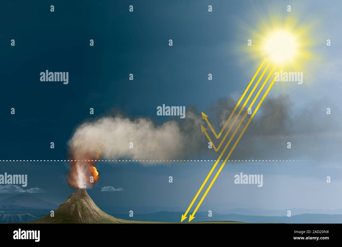 Volcanic eruption blocking the Sun. Computer illustration showing how ...