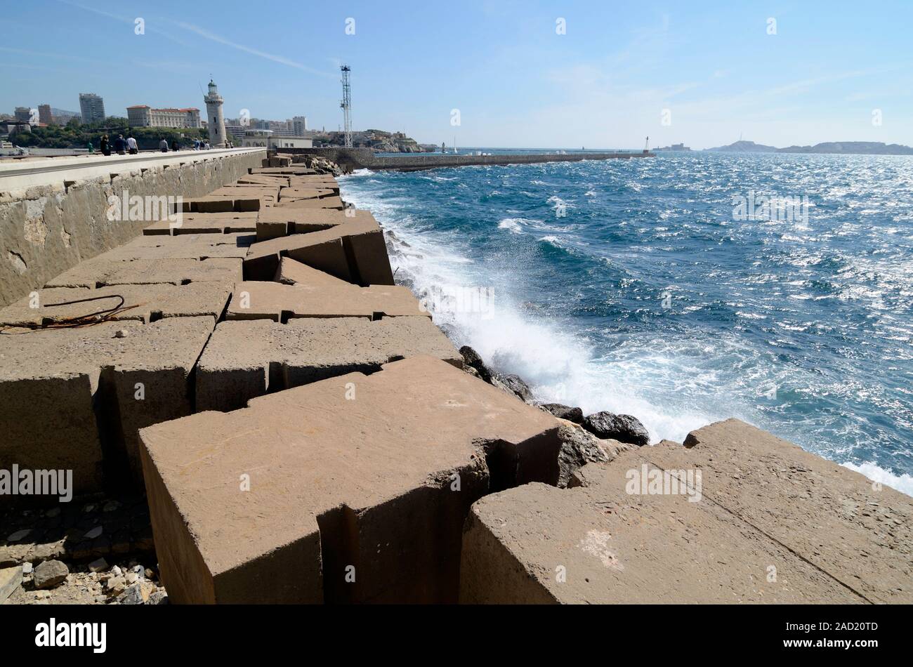 Sea defences. View of concrete blocks along the sea wall on the coast ...
