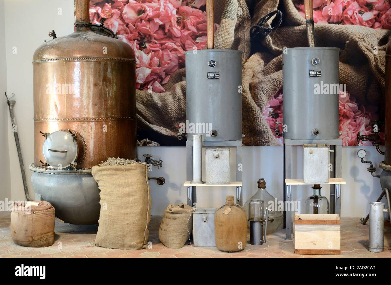 Perfume stills. Copper stills (alembics) at the Fragonard perfumery ...