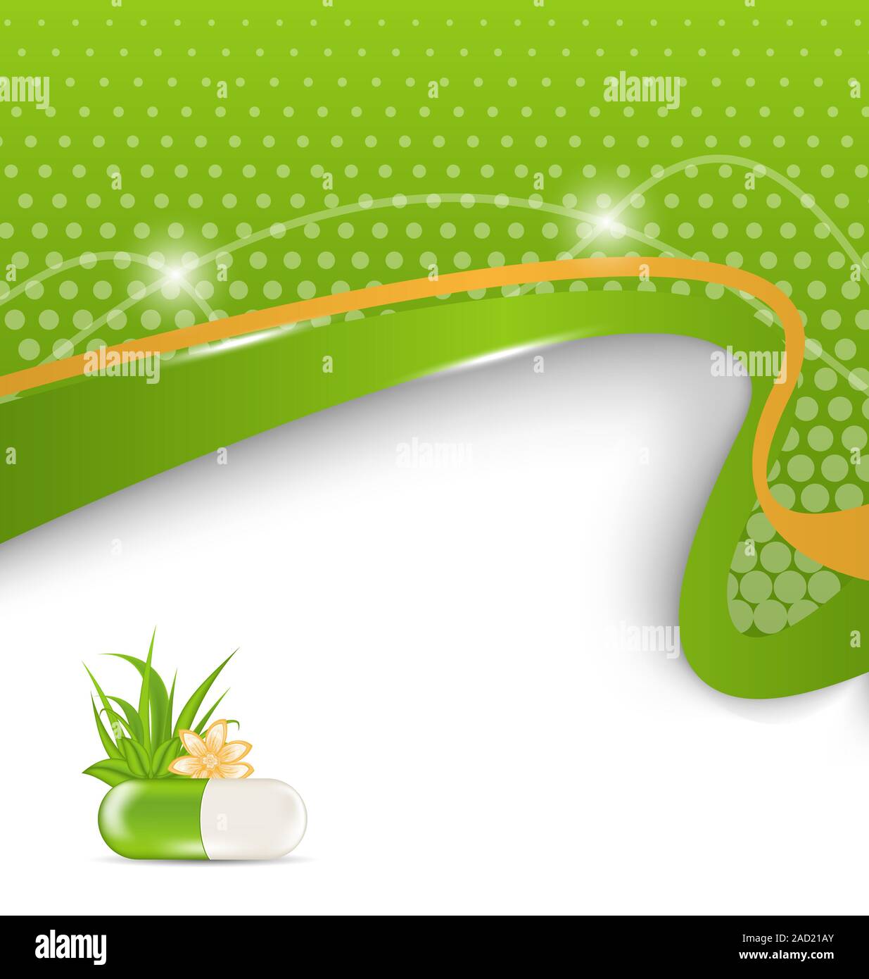 background for medical theme with green pill, flower, leaves, grass ...