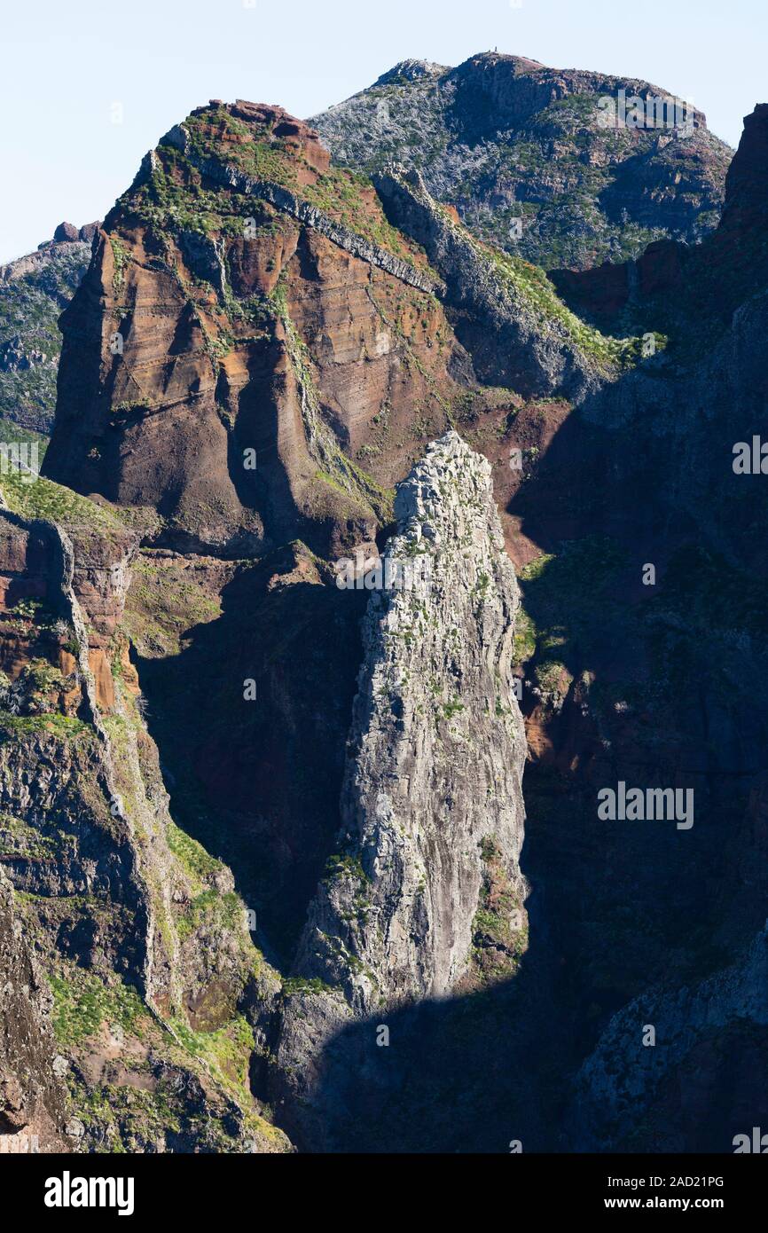 Colourful volcanic peaks contain brownish layers of scoria (volcanic ...