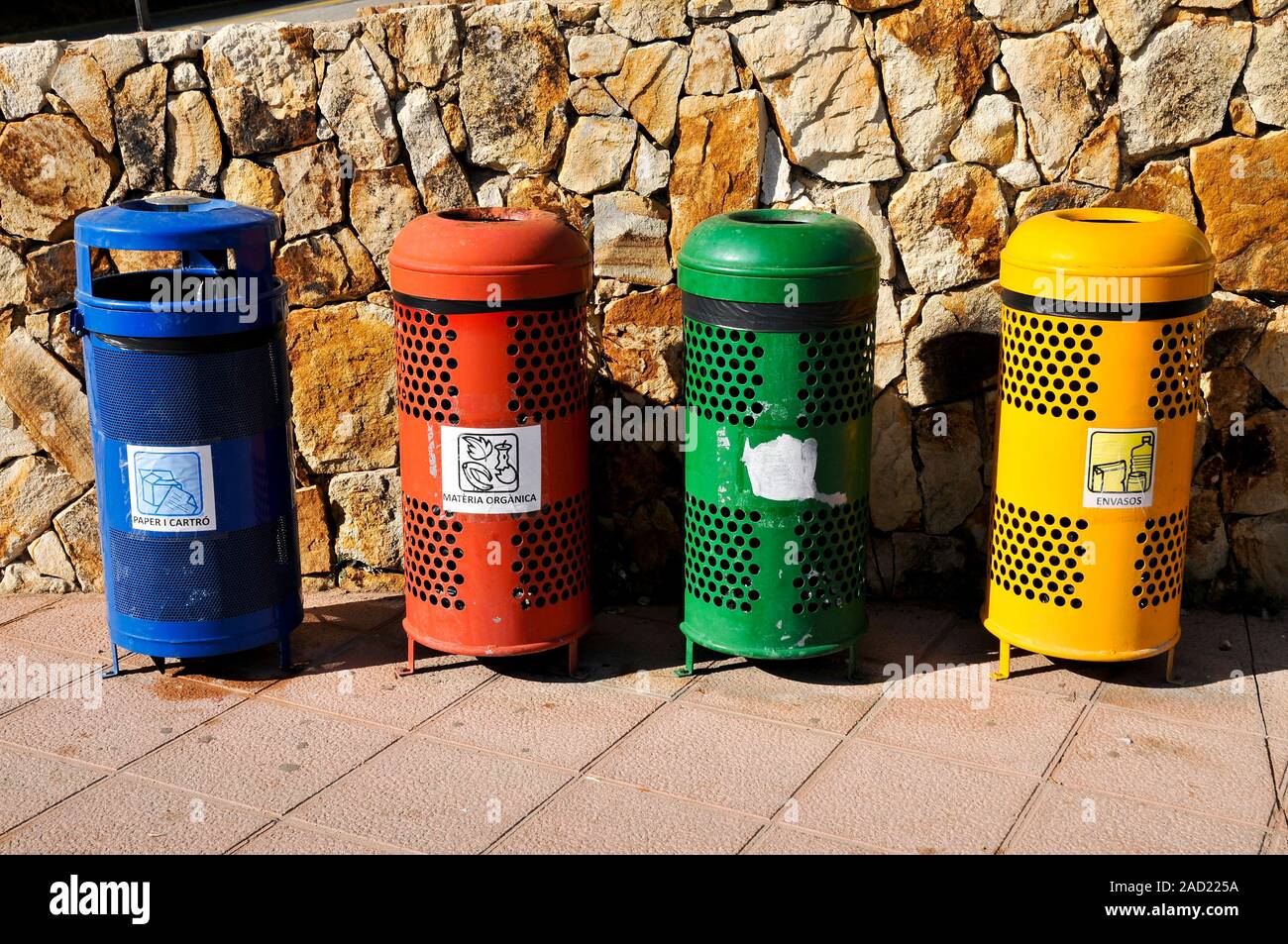 Waste separation and Recycling bins photographed Costa Brava, Catalonia ...