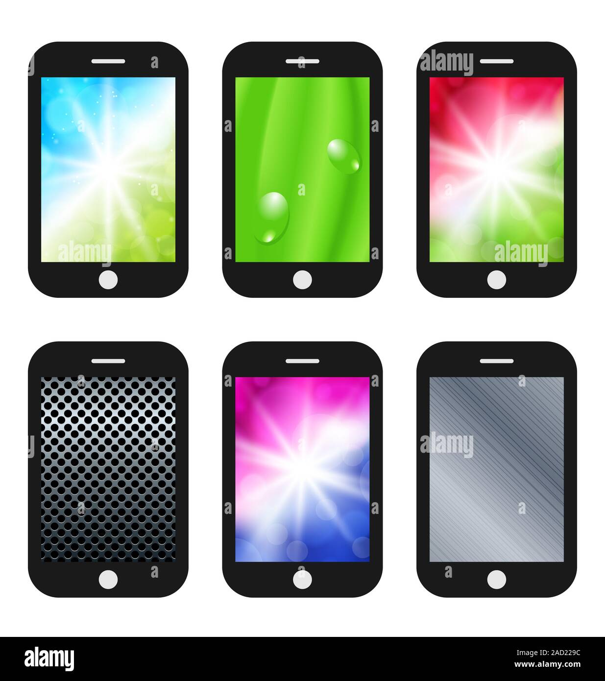 Black mobile phone with different wallpapers (abstract backgrounds ...