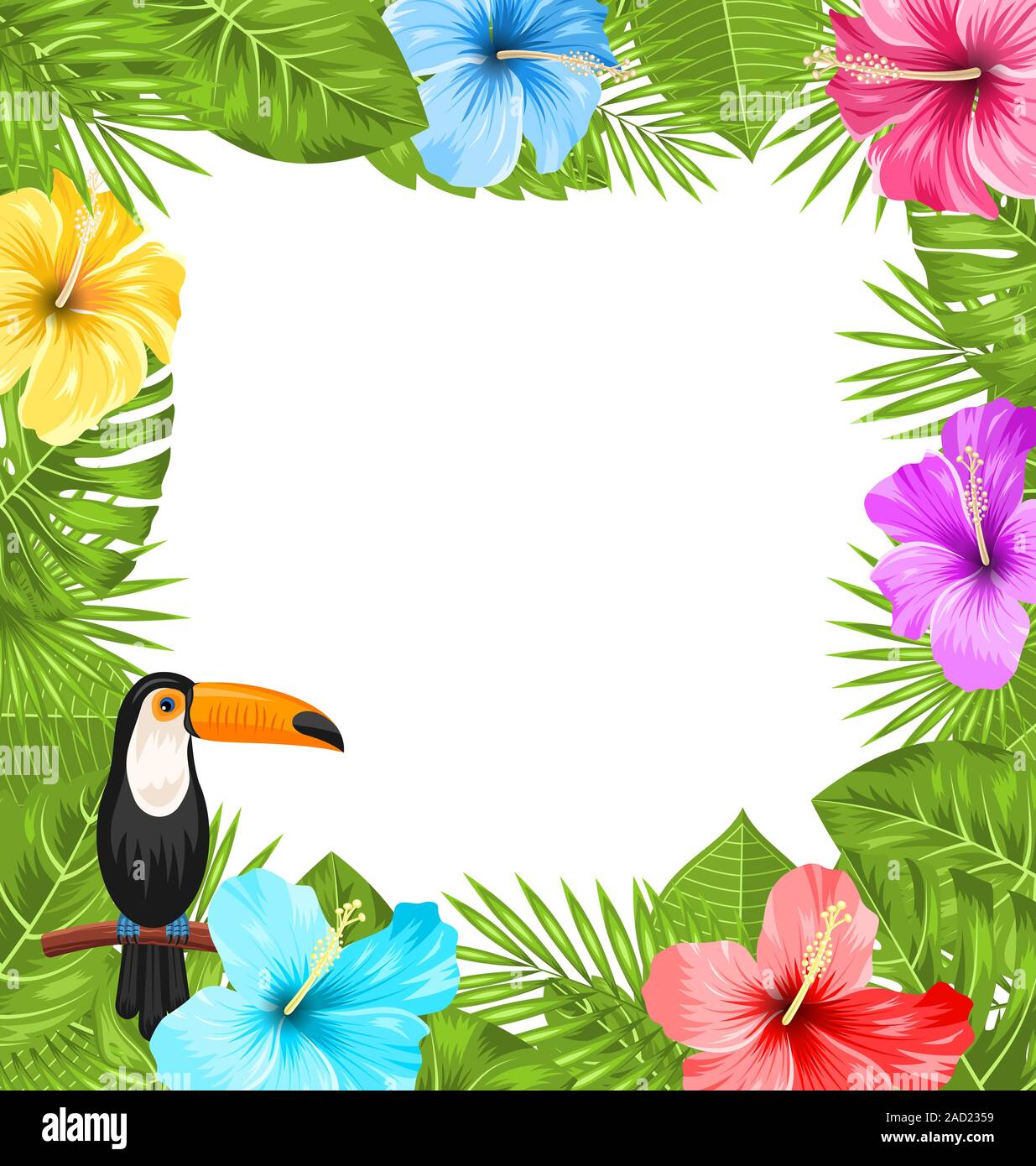 Exotic Jungle Frame with Toucan Bird, Colorful Hibiscus Flowers Blossom ...
