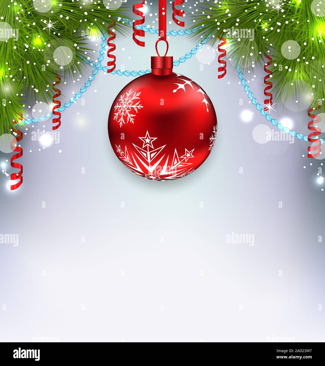 Christmas glowing background with glass ball, fir branches, streamer ...