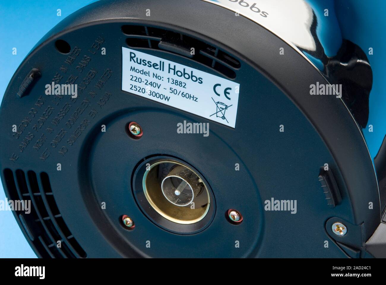 Base of a domestic electric kettle showing the power rating label Stock ...