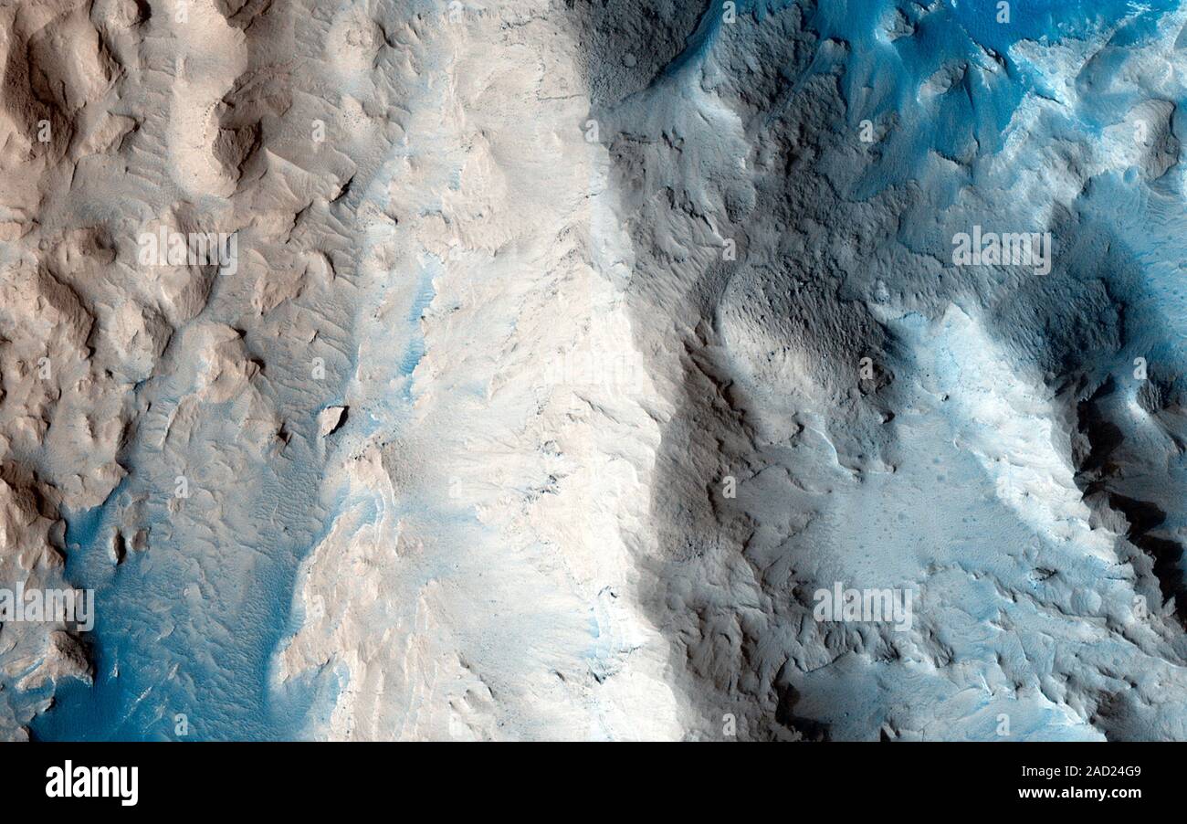 Sand slopes on Mars. Satellite image of sand patches covering slopes in ...