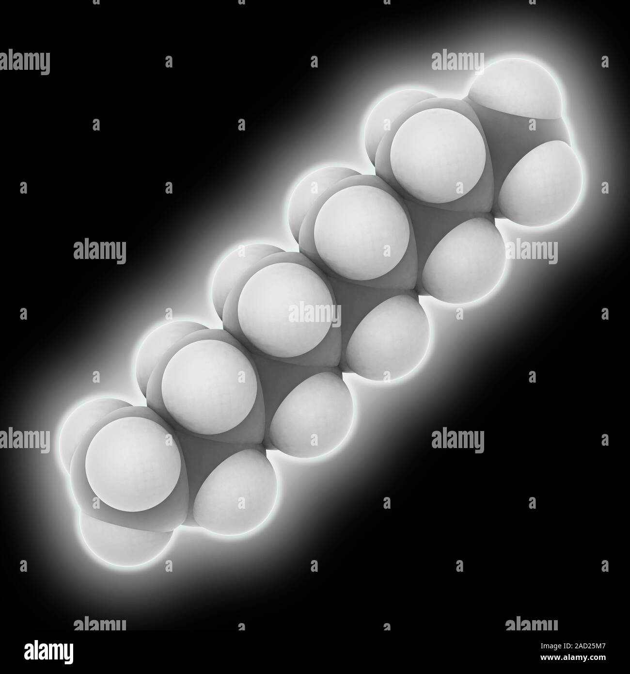 Decane. Molecular model of the straight-chain alkane hydrocarbon decane ...