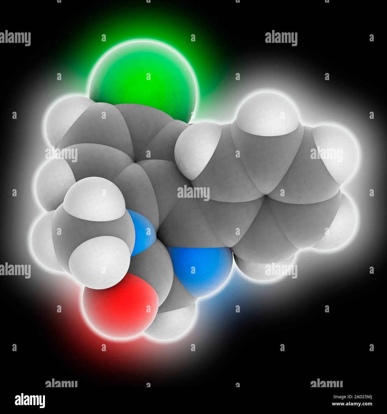 Diazepam. Molecular model of the benzodiazepine drug diazepam (C16.H13 ...