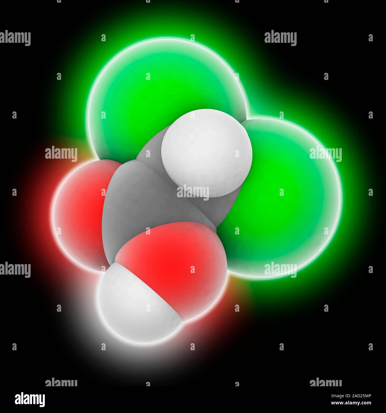 Dichloroacetic acid. Molecular model of the chemical dichloroacetic ...
