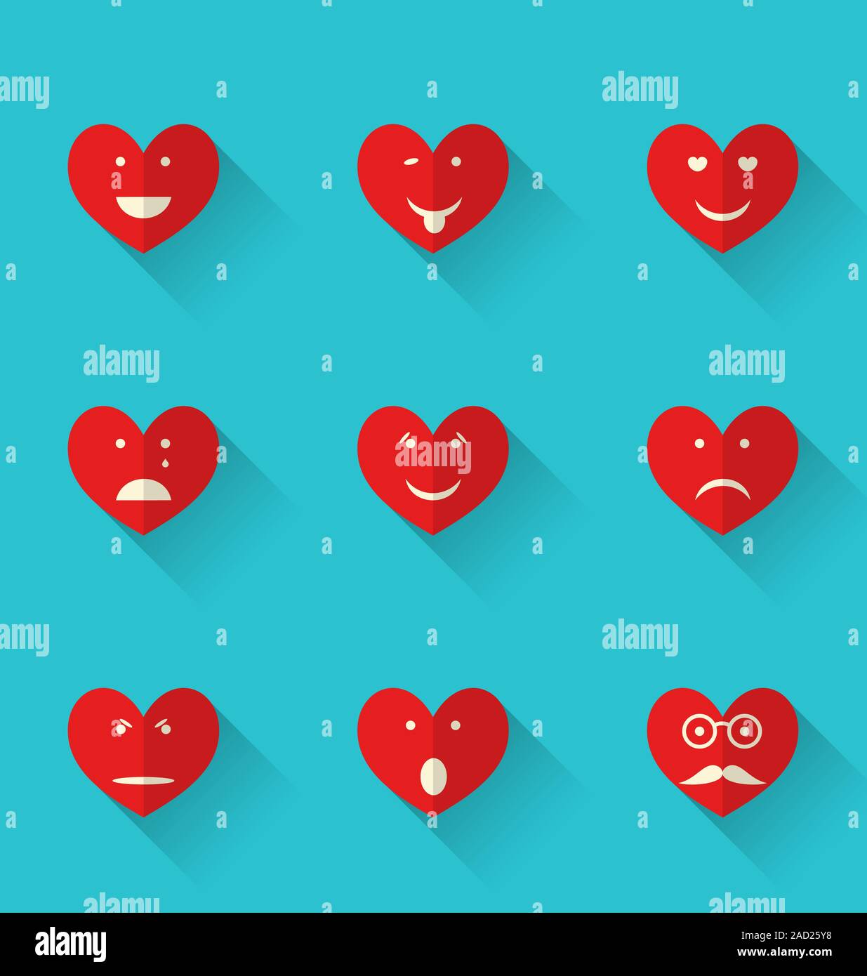 Set flat icons of smiles heart, style with long shadows Stock Photo - Alamy