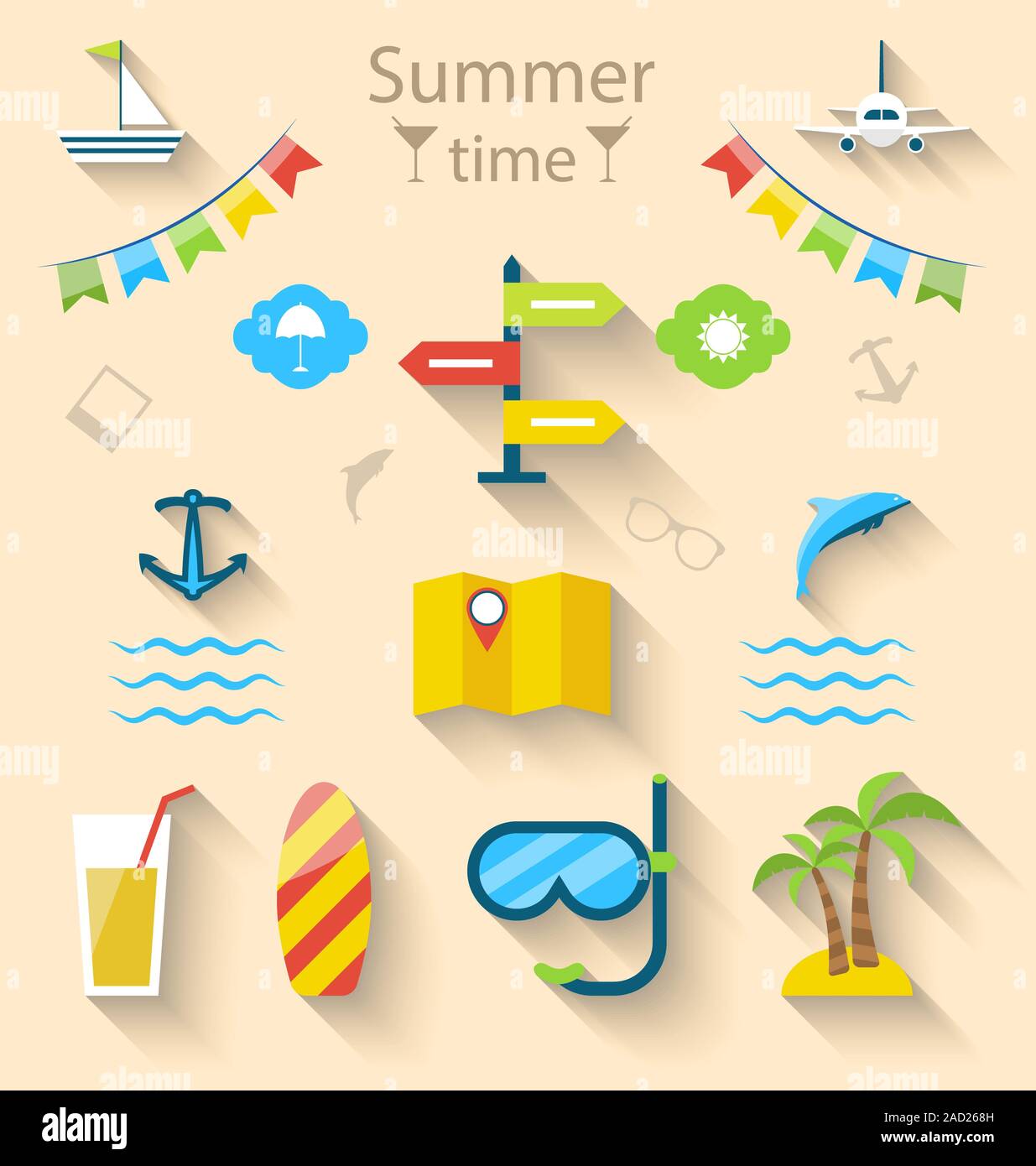 Flat colorful set icons of travel on holiday journey, tourism objects ...