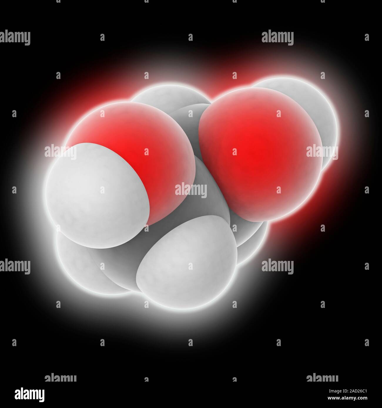 Ethylene glycol. Molecular model of the alkanediol ethylene glycol (C2 ...