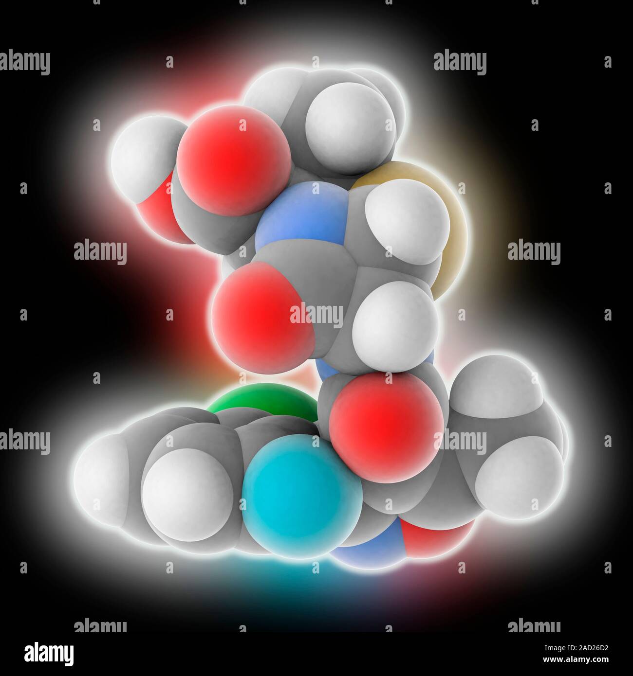 Floxacillin. Molecular model of the antibiotic drug floxacillin (C19 ...