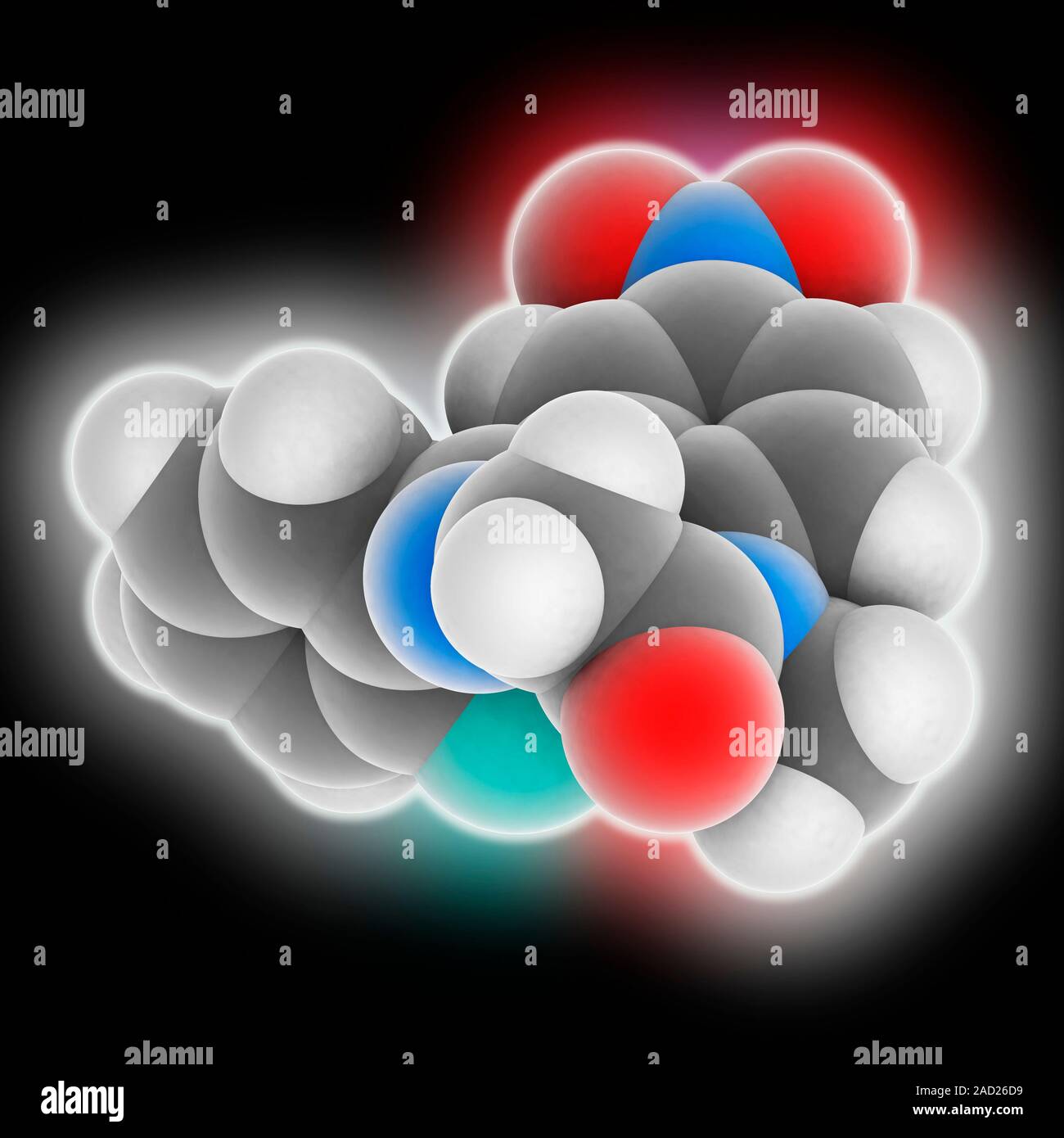 Rohypnol drug. Molecular model of the drug flunitrazepam (C16.H12.F.N3 ...