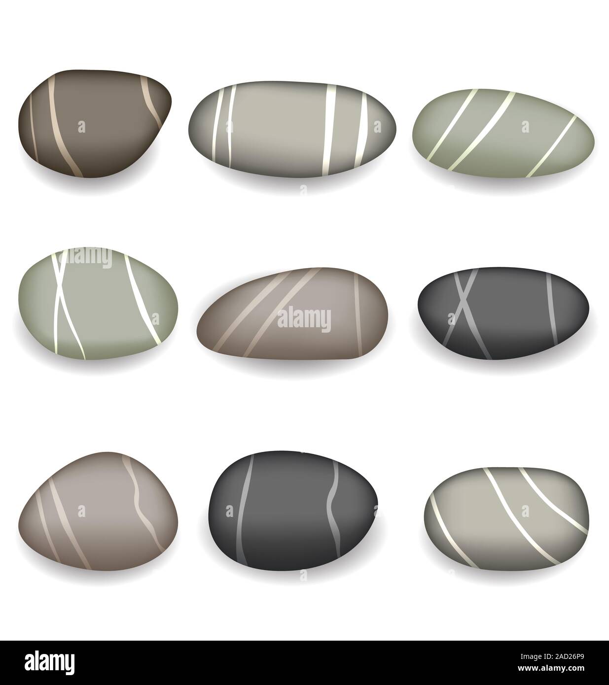 Set sea pebbles with shadows on white background Stock Photo - Alamy