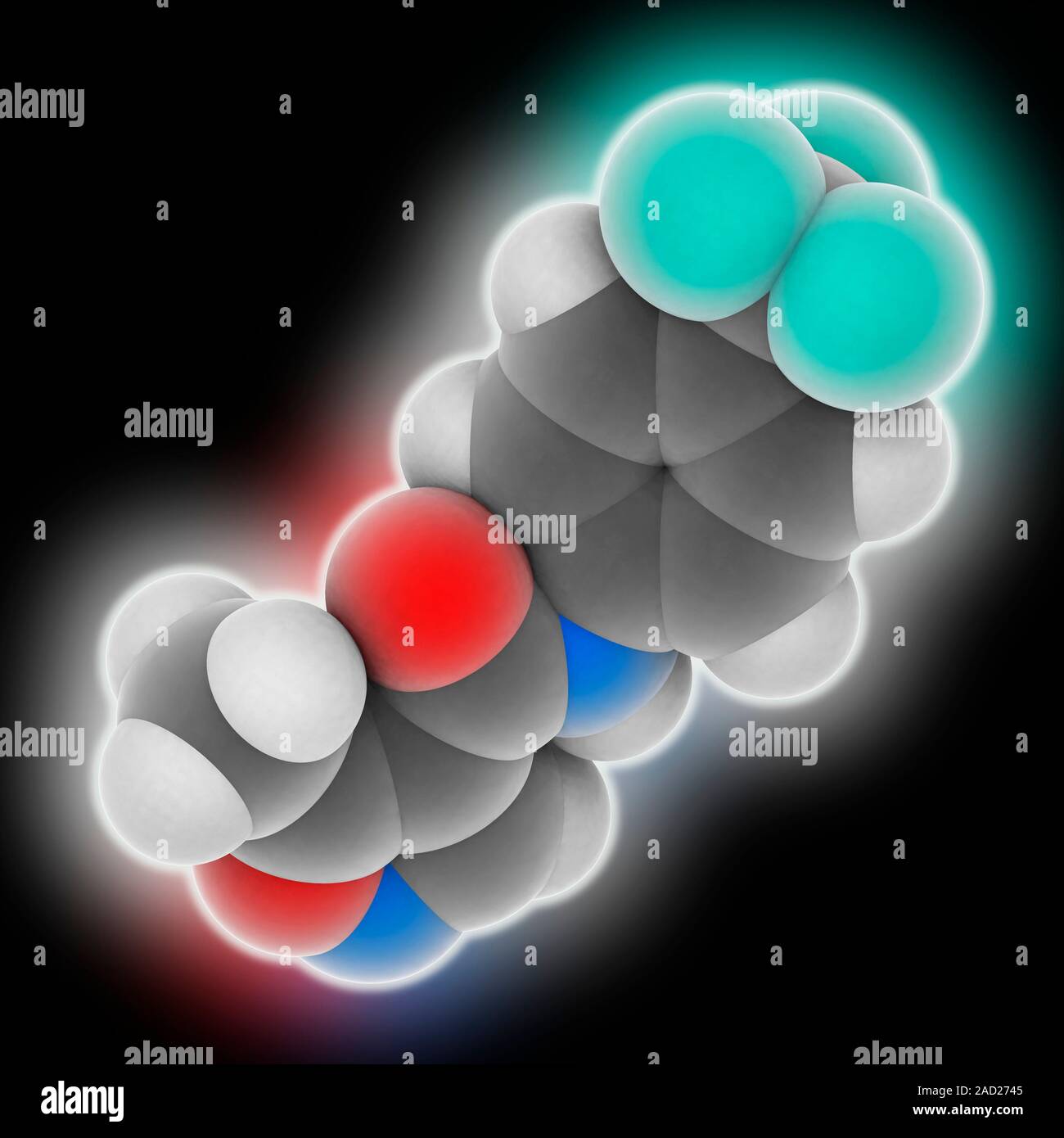 Leflunomide. Molecular model of the drug leflunomide (C12.H9.F3.N2.O2 ...