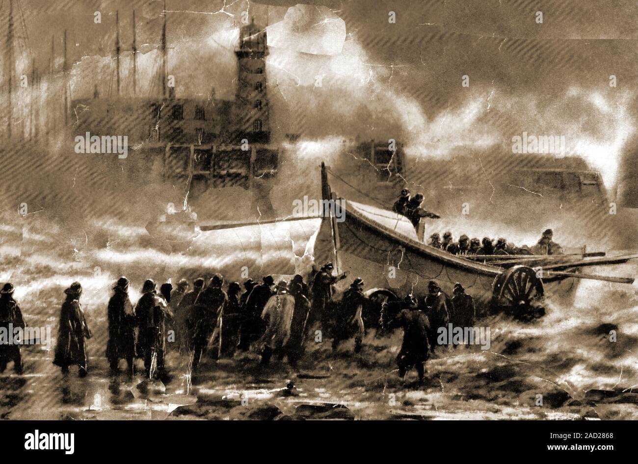 An historical image showing the old rowing lifeboat in action at ...