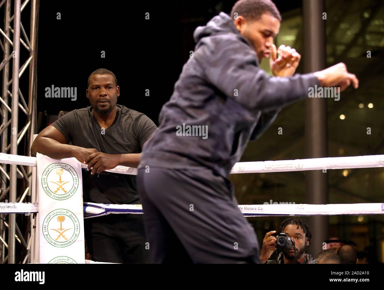Michael Hunter (right) and trainer Hasim Rahman at the Public ...