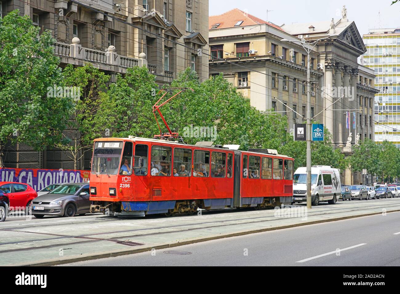 BELGRADE, SERBIA -18 JUN 2019- View of a street tram in Belgrade ...