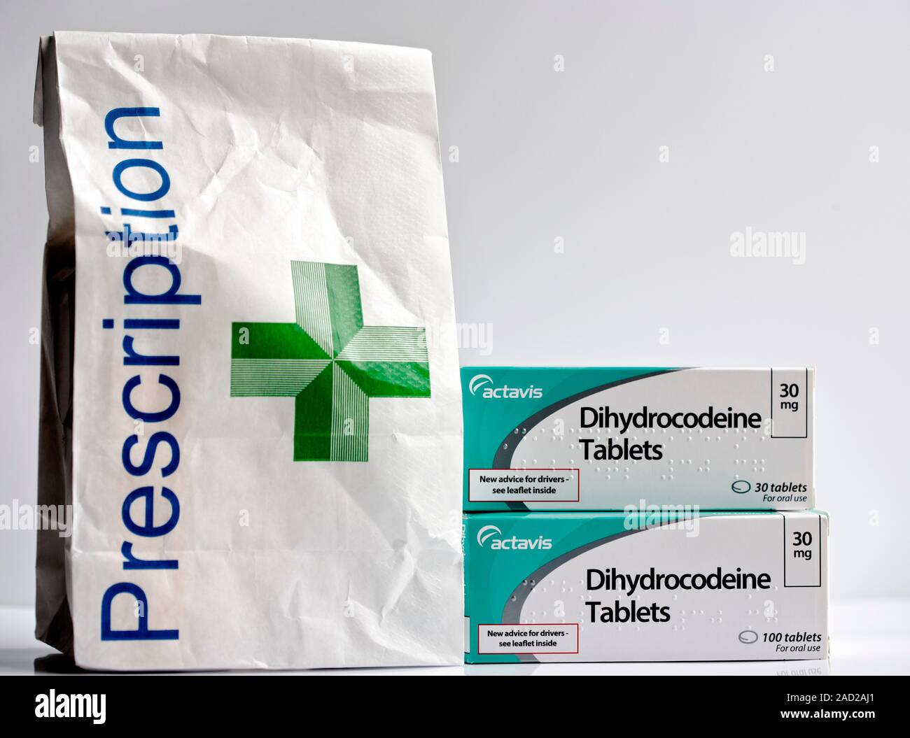 Dihydrocodeine painkilling drug. Prescription bag and two packets of ...