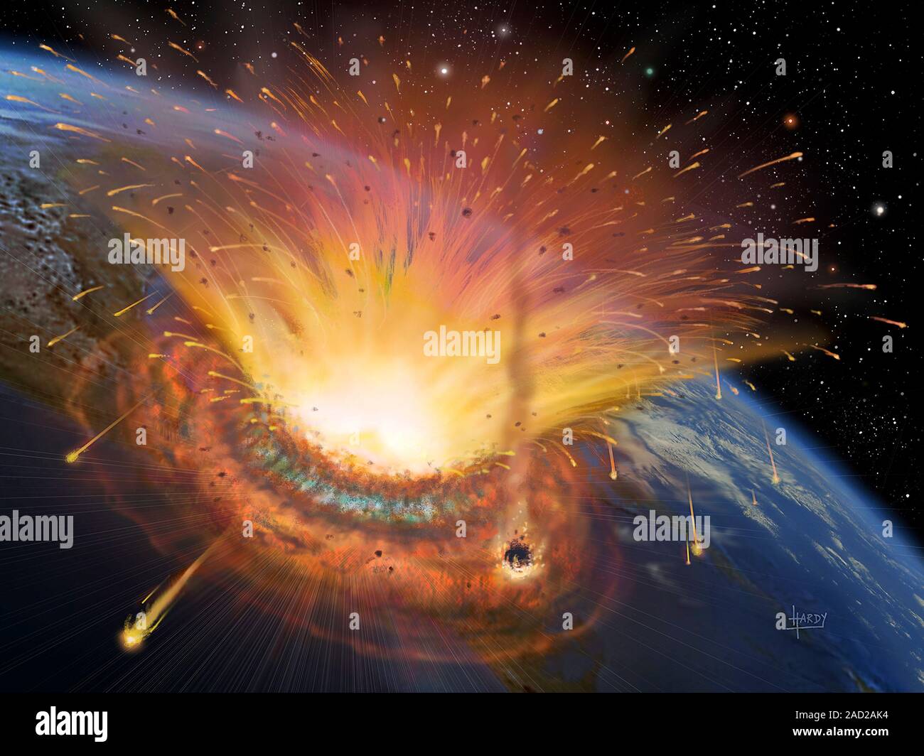 Chicxulub impact event. Illustration of the asteroid impact that is thought to have caused the ...