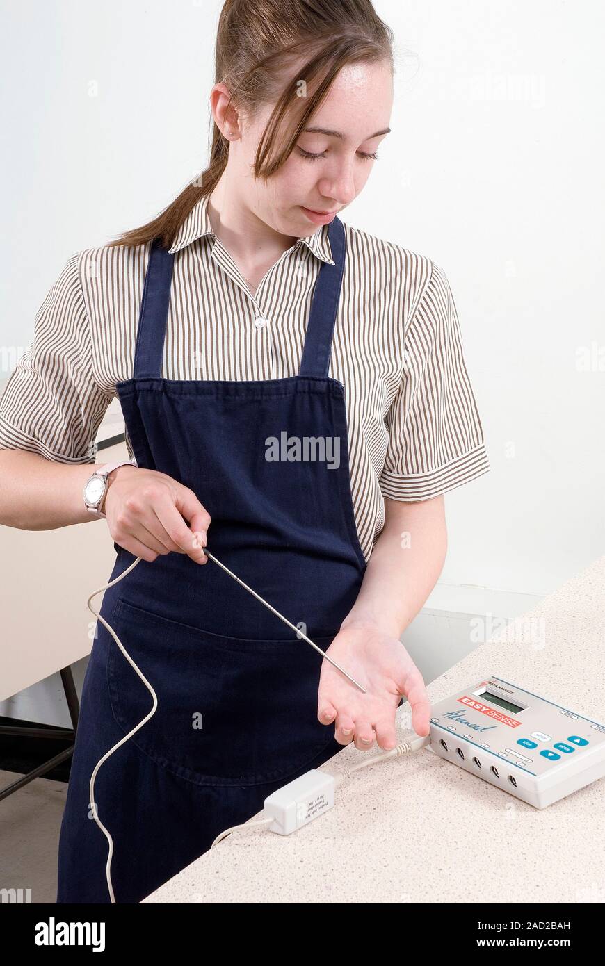 Temperature probe and data logger. Student holding an electronic ...