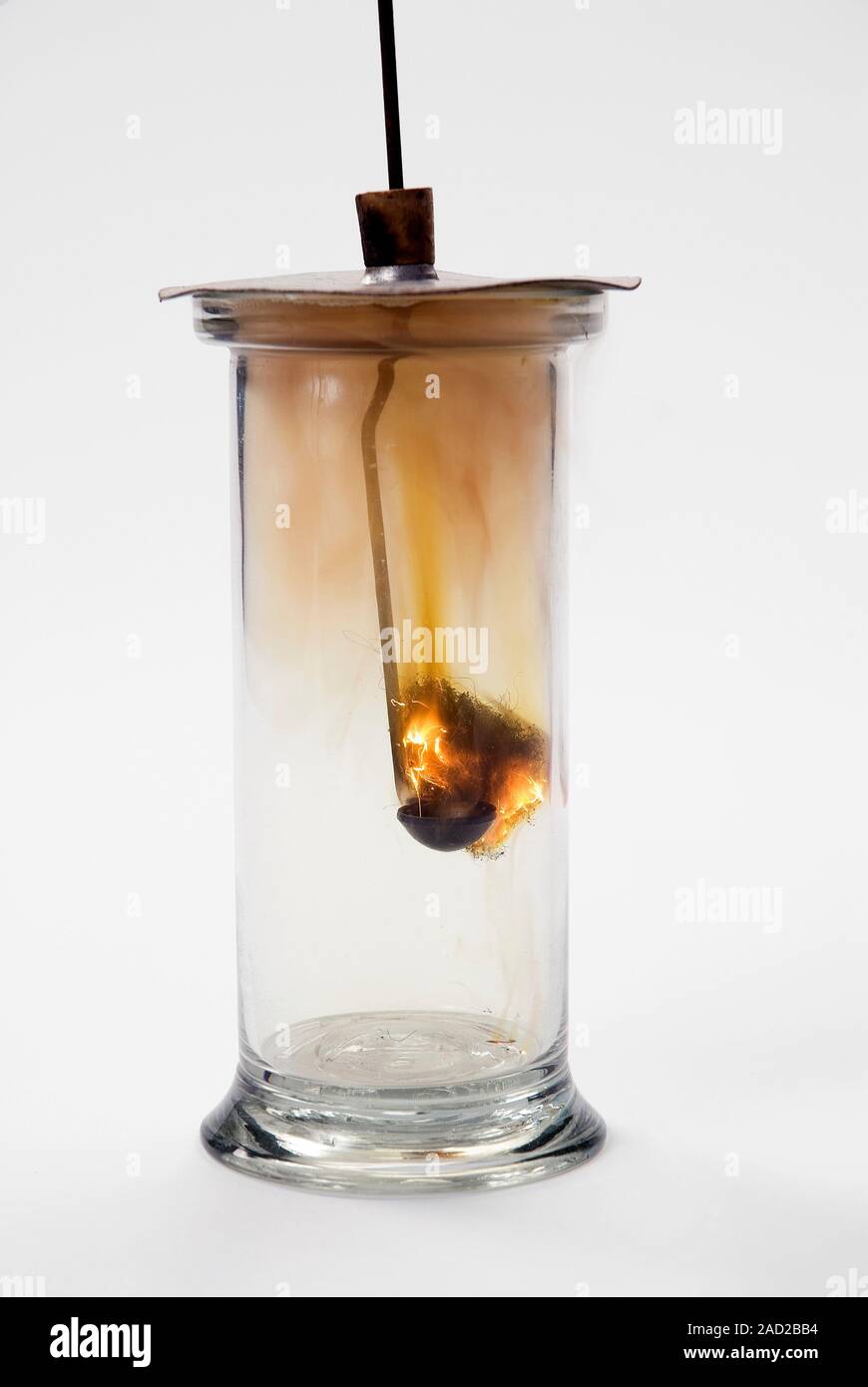 Iron burning in chlorine gas. Iron (Fe) producing flames as it reacts ...