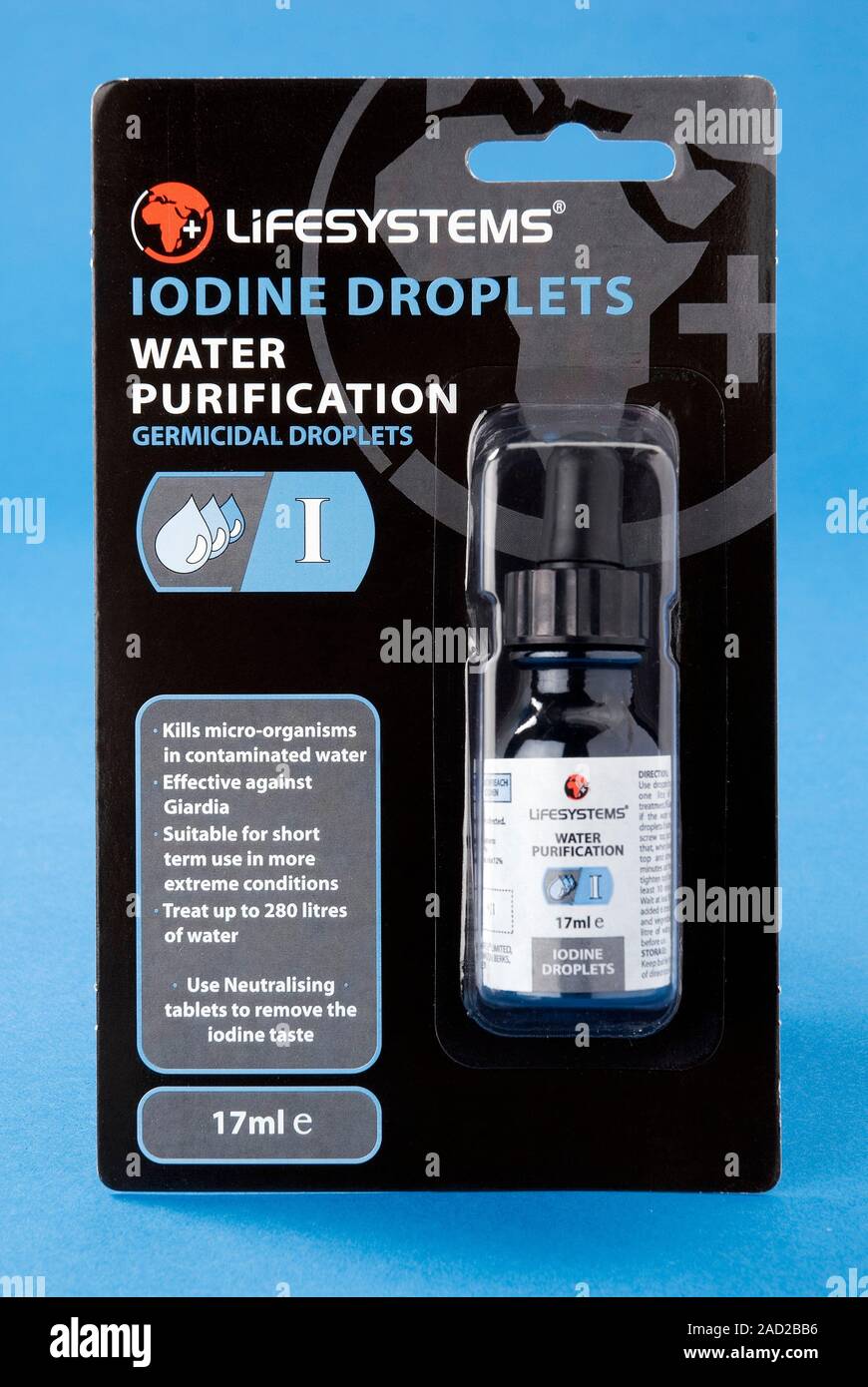 Iodine water purification drops. Package containing a bottle of iodine ...