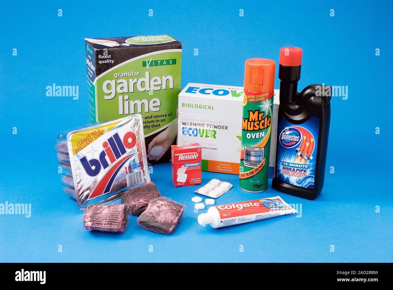 Household alkalis. Selection of household products that contain alkalis ...