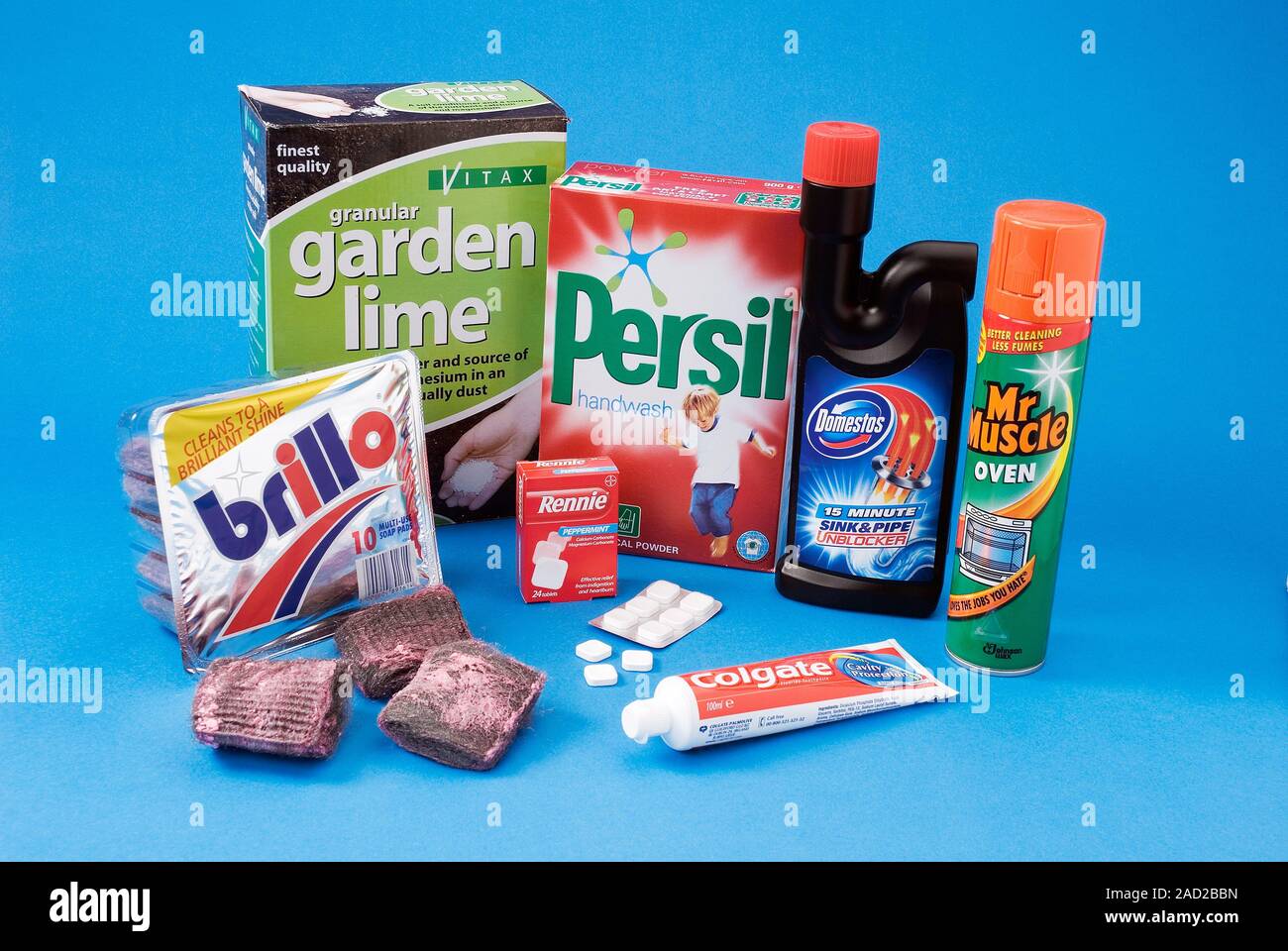 Household alkalis. Selection of household products that contain alkalis ...