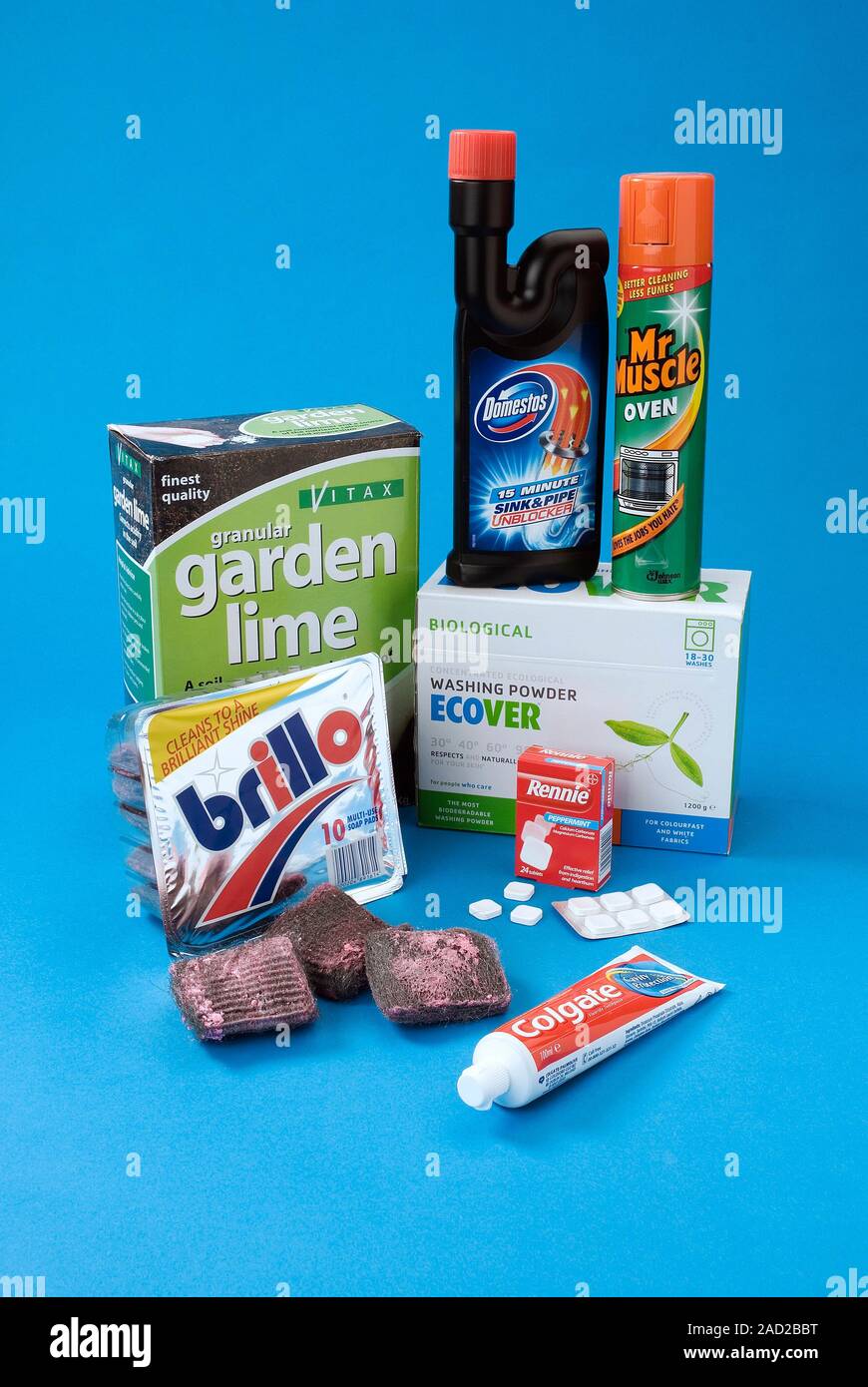 Household alkalis. Selection of household products that contain alkalis ...