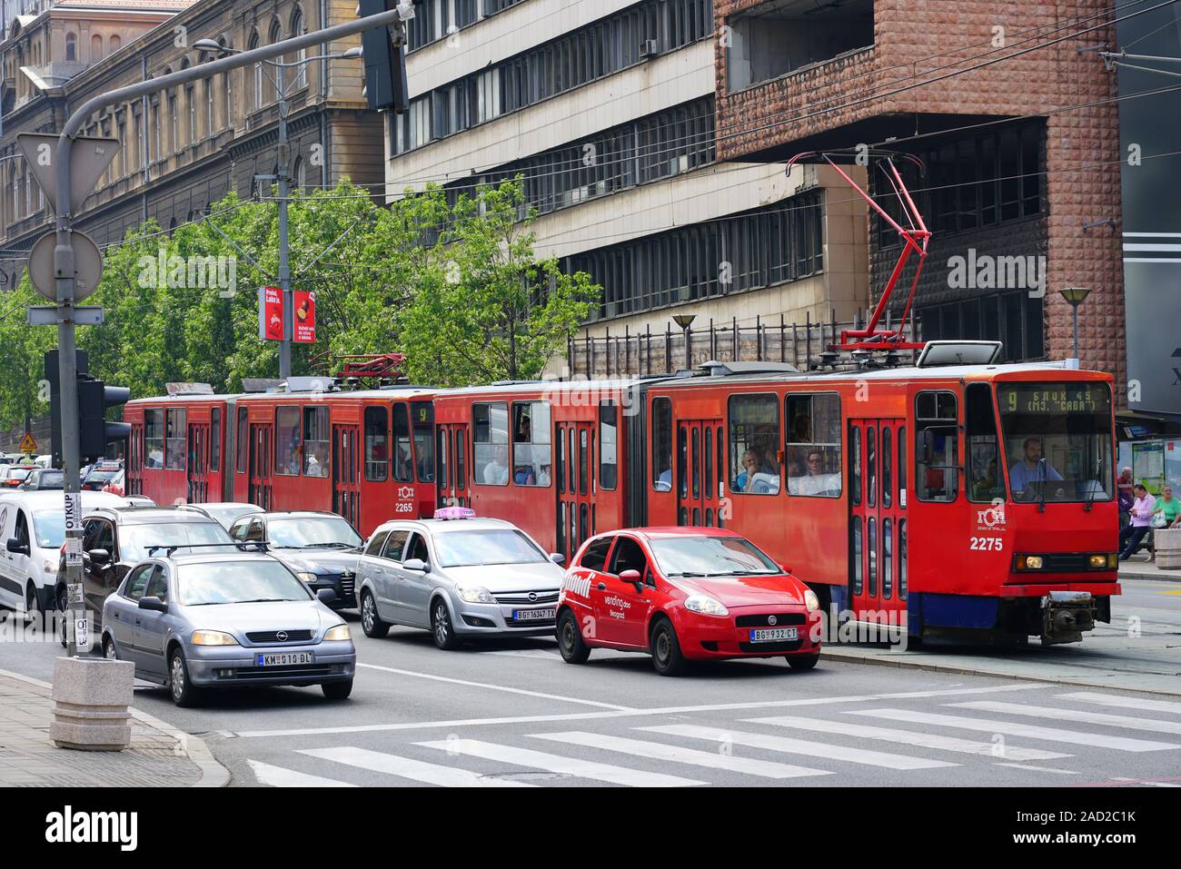 BELGRADE, SERBIA -18 JUN 2019- View of a street tram in Belgrade ...