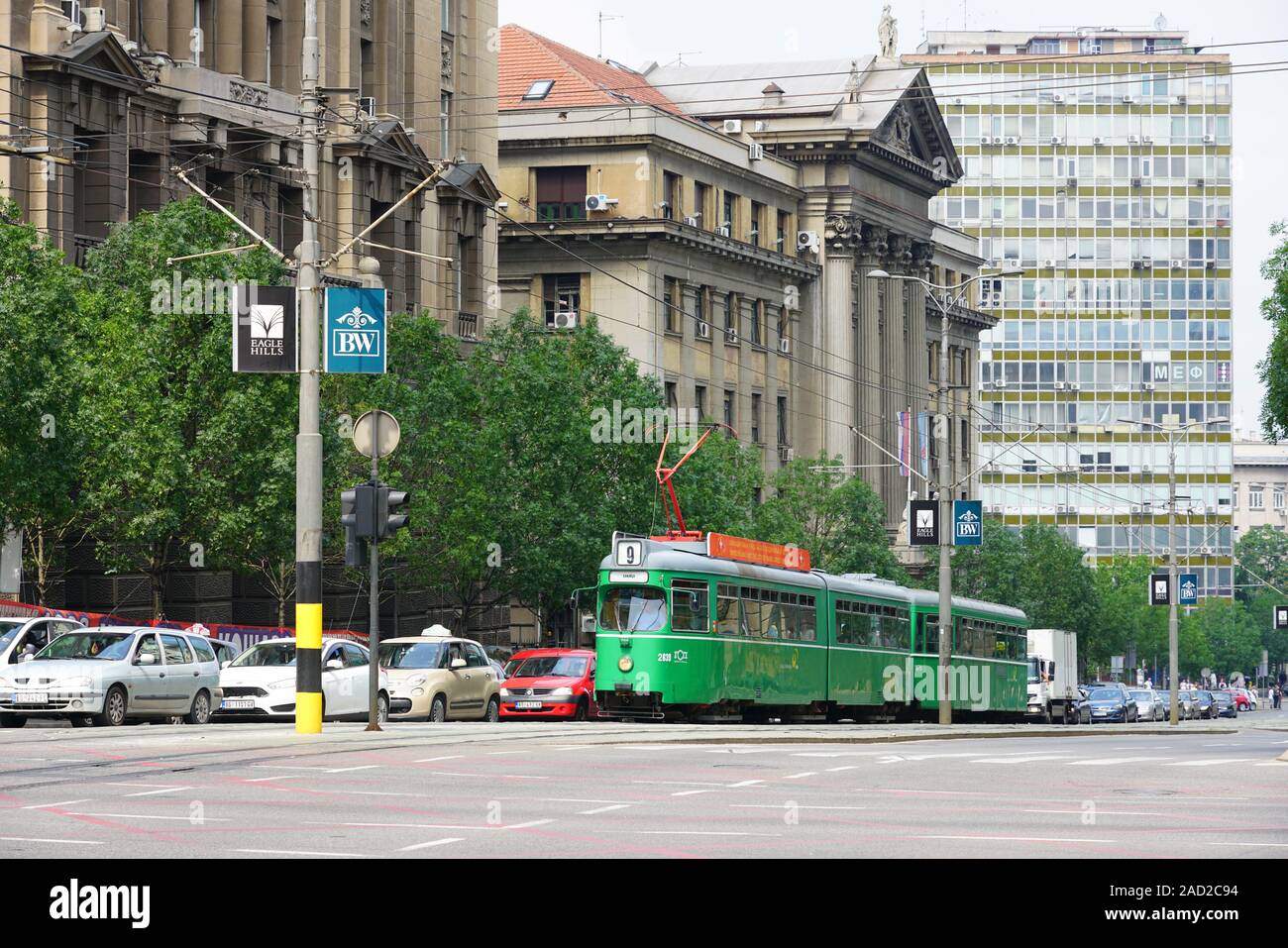BELGRADE, SERBIA -18 JUN 2019- View of a street tram in Belgrade ...