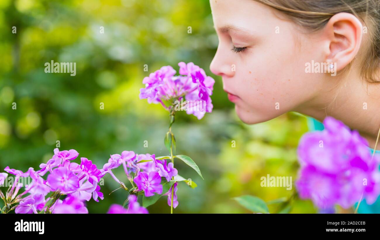 Girl with purple flowers hi-res stock photography and images - Alamy