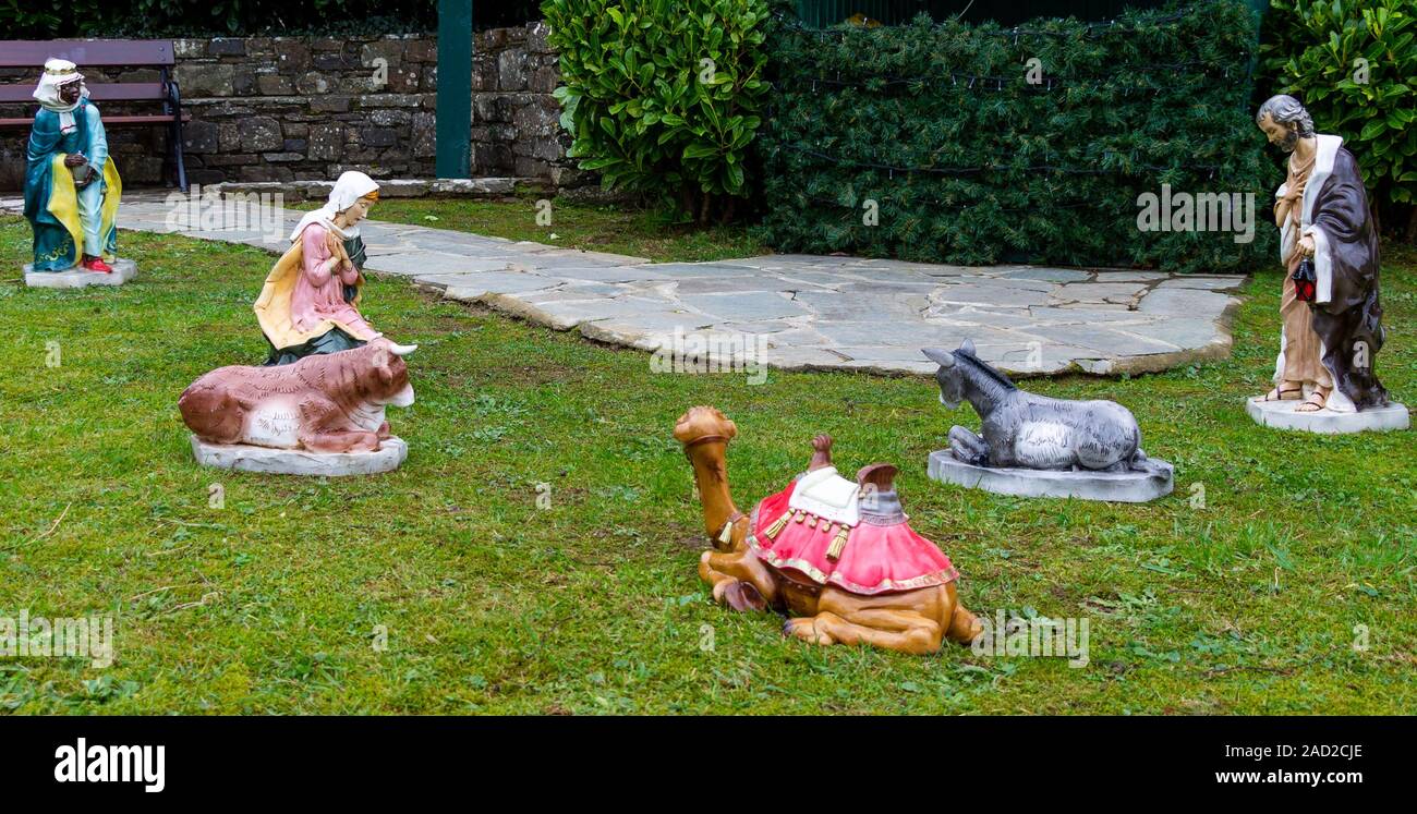 Nativity scene statues on a village green Stock Photo - Alamy