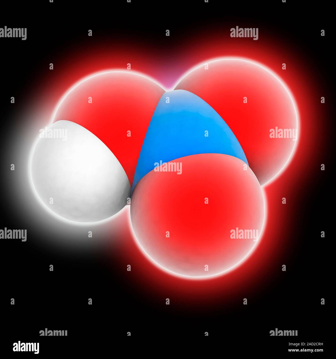 Nitric acid. Molecular model of nitric acid (H.N.O3), a highly ...